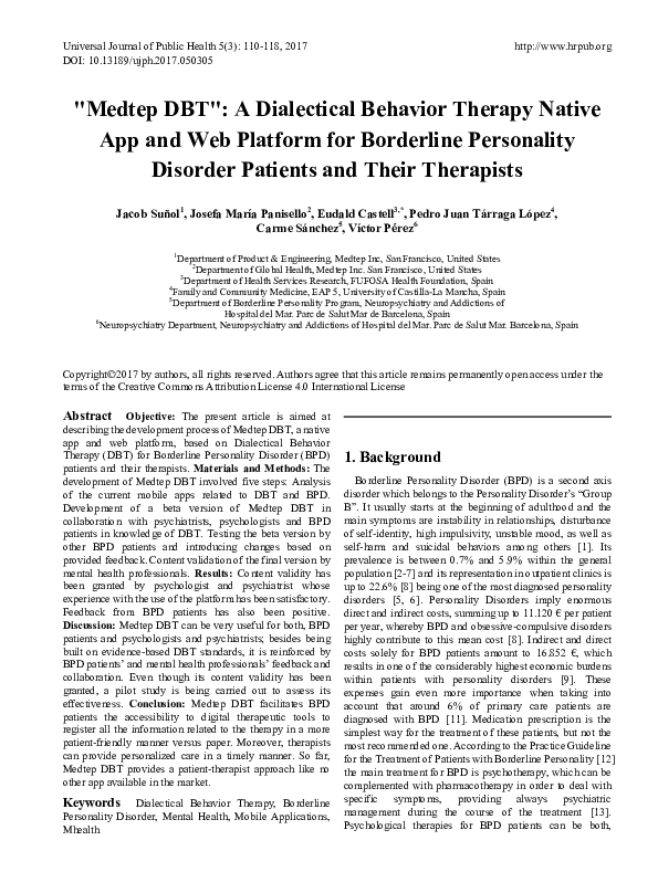 (PDF) Medtep DBT": A Dialectical Behavior Therapy Native App and Web ...