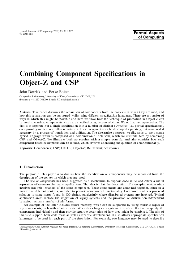 Pdf Combining Component Specifications In Object Z And Csp 0644
