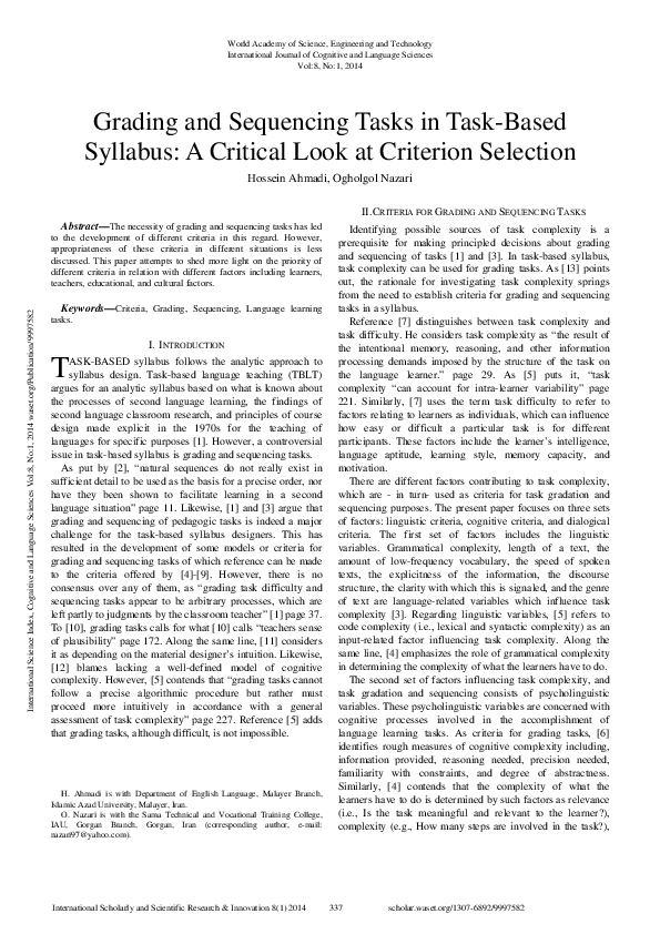 Pdf Grading And Sequencing Tasks In Task Based Syllabus A Critical Look At Criterion