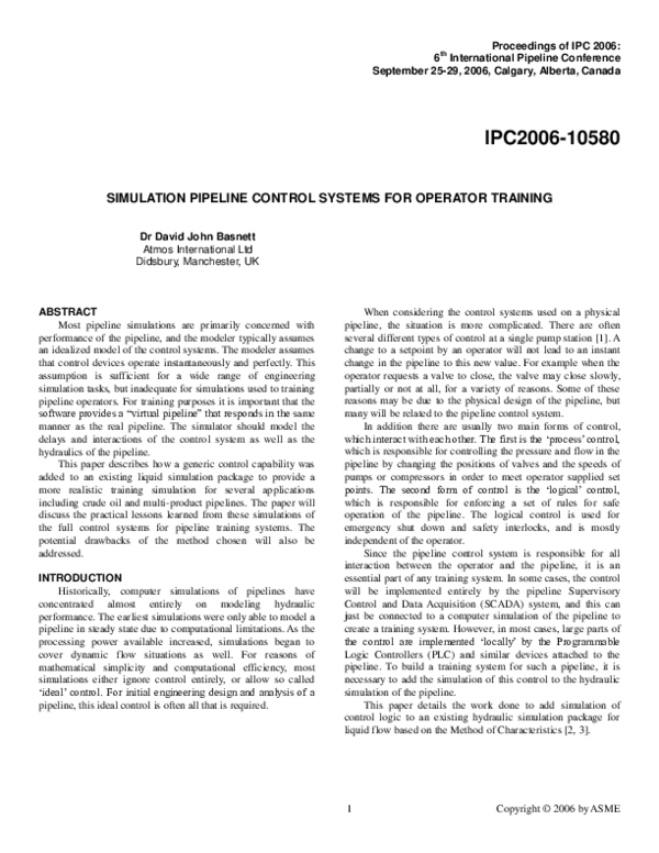 (PDF) Simulation Pipeline Control Systems for Operator Training | David ...