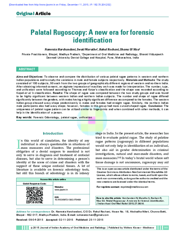 (PDF) Palatal Rugoscopy: A new era for forensic identification