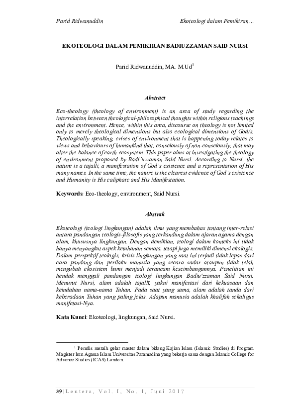 (PDF) Parid Ridwanuddin Ekoteologi dalam Pemikiran… EKOTEOLOGI DALAM ...