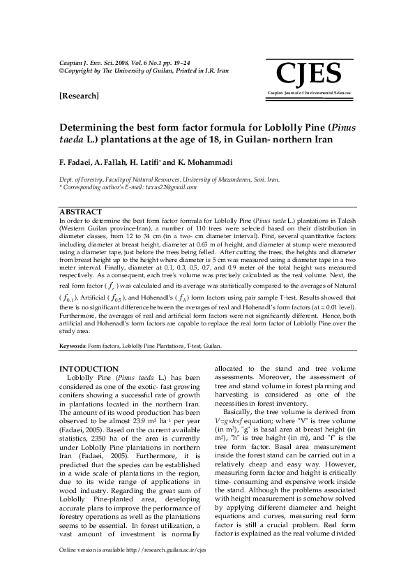 Pdf Determining The Best Form Factor Formula For Loblolly Pine Pinus Taeda L Plantations At