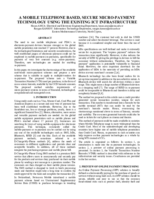(PDF) A mobile telephone based, secure micro-payment technology using the existing ict ...