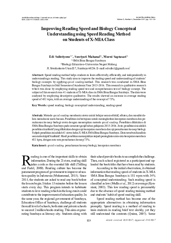 (PDF) Improving Reading Speed and Biology Conceptual Understanding using Speed Reading Method on ...