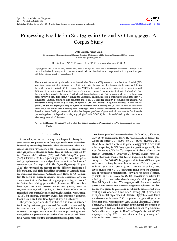 (PDF) Processing Facilitation Strategies in OV and VO Languages: A ...