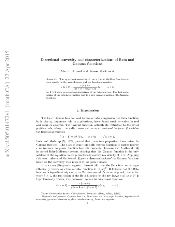 Pdf Directional Convexity And Characterizations Of Beta And Gamma Functions