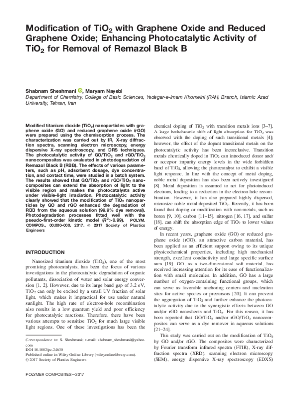 Pdf Modification Of Tio2 With Graphene Oxide And Reduced Graphene Oxide Enhancing