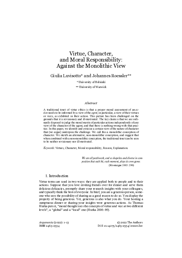 (PDF) Virtue, character, and moral responsibility: against the monolithic view