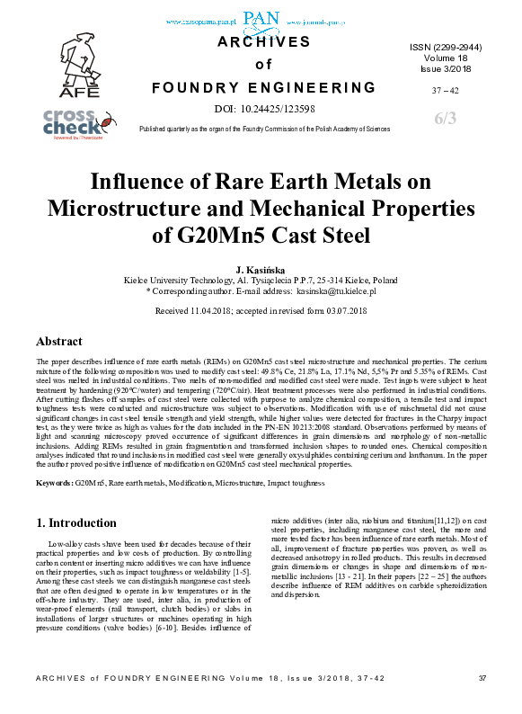 (PDF) Influence of Rare Earth Metals on Microstructure and Mechanical Properties of G20Mn5 Cast ...