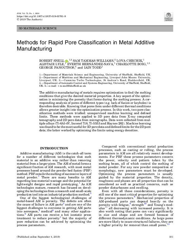 Pdf Methods For Rapid Pore Classification In Metal Additive