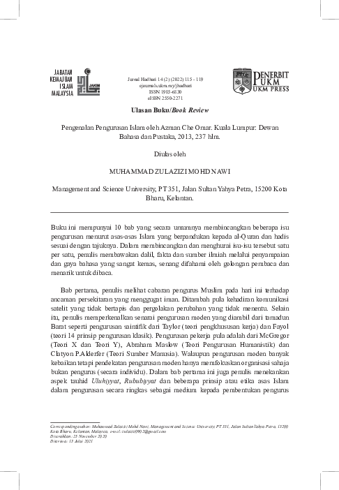 (PDF) Ulasan Buku/Book Review Pengenalan Pengurusan Islam oleh Azman ...