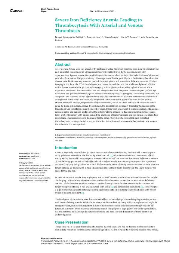 (PDF) Iron Deficiency Anemia with Thrombosis Case Study