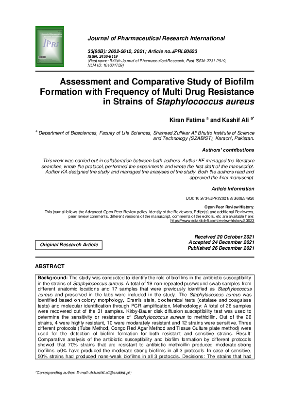 (PDF) Assessment and Comparative Study of Biofilm Formation with Frequency of Multi Drug ...