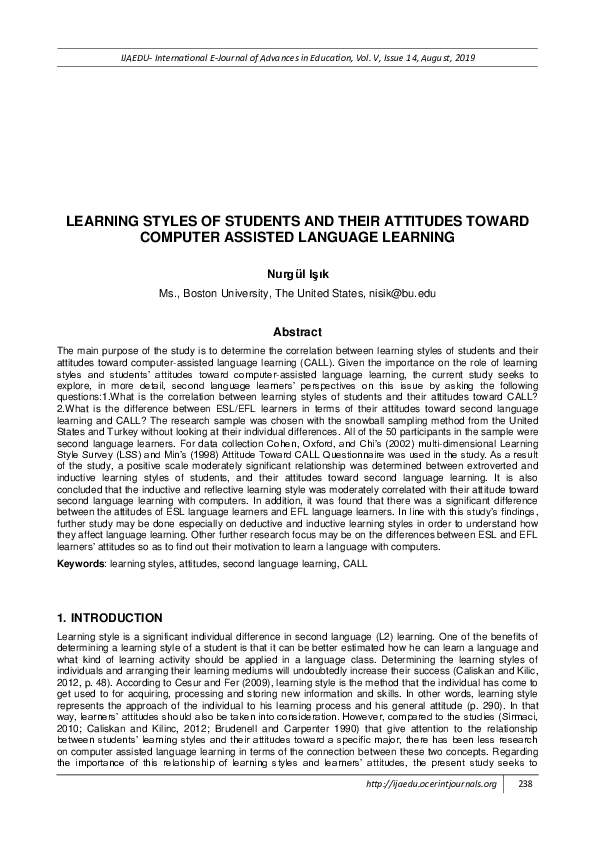 (PDF) Learning Styles of Students and Their Attitudes Toward Computer Assisted Language Learning