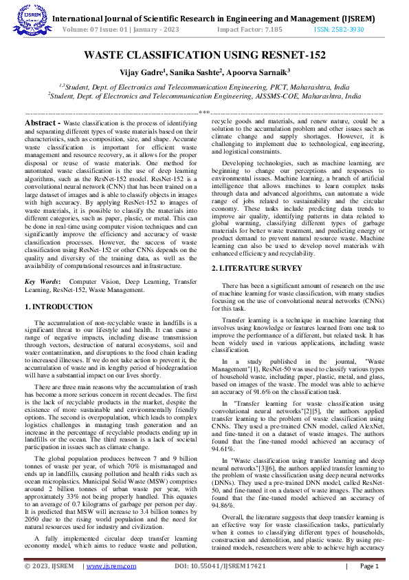 (PDF) Waste Classification Using RESNET-152