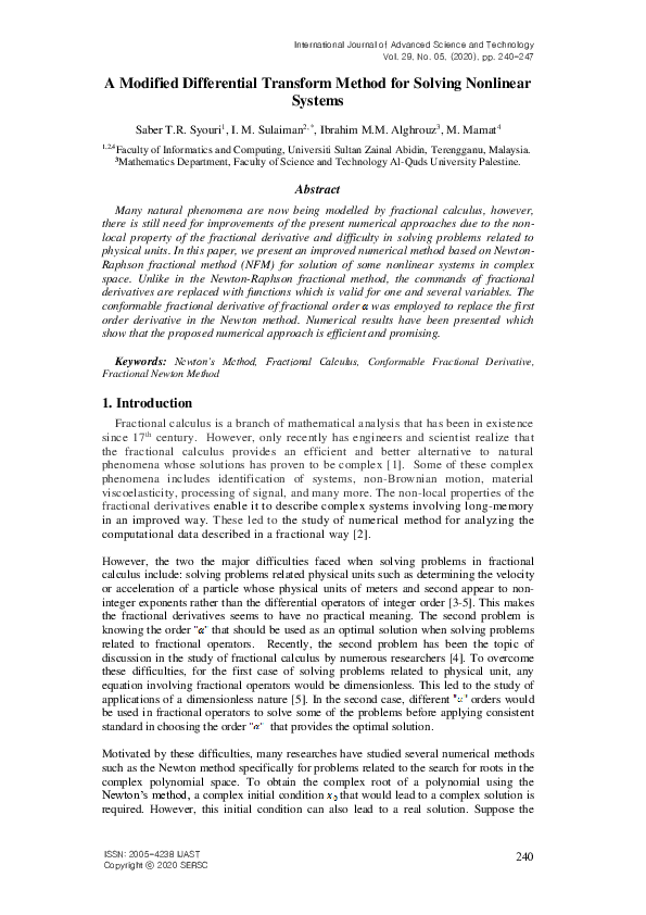 (PDF) A Modified Differential Transform Method for Solving Nonlinear Systems