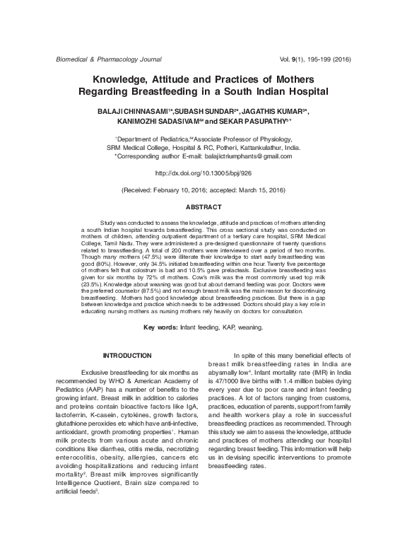 (PDF) Knowledge, Attitude and Practices of Mothers Regarding Breastfeeding in a South Indian ...