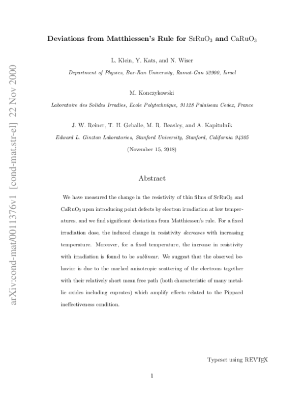 (PDF) Negative deviations from Matthiessen's rule for SrRuO 3 and CaRuO 3