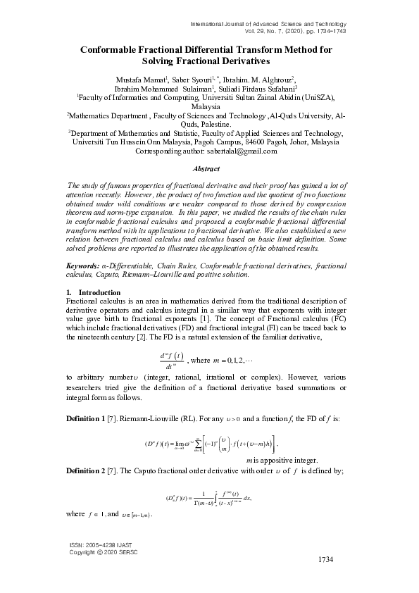 Pdf Conformable Fractional Differential Transform Method For Solving