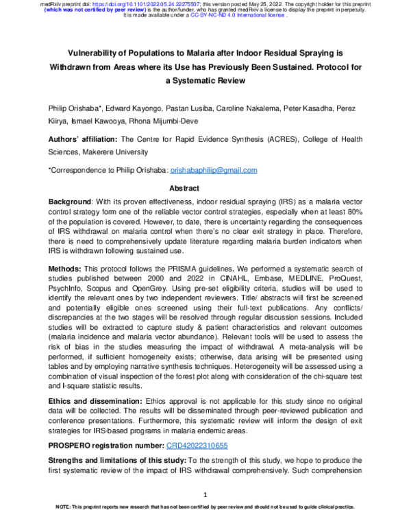 (PDF) Vulnerability of Populations to Malaria after Indoor Residual ...