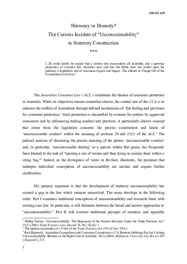 (DOC) Harmony or Disunity? The Curious Incident of “Unconscionability” in Statutory Construction