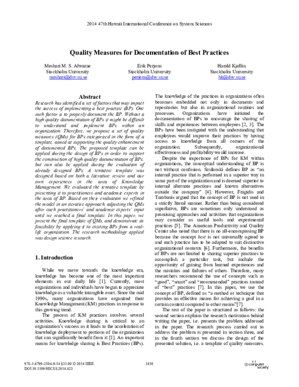 (PDF) Quality Measures for Documentation of Best Practices