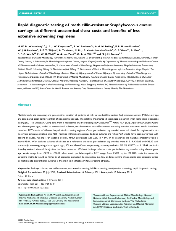 Pdf Rapid Diagnostic Testing Of Methicillin Resistant Staphylococcus Aureus Carriage At