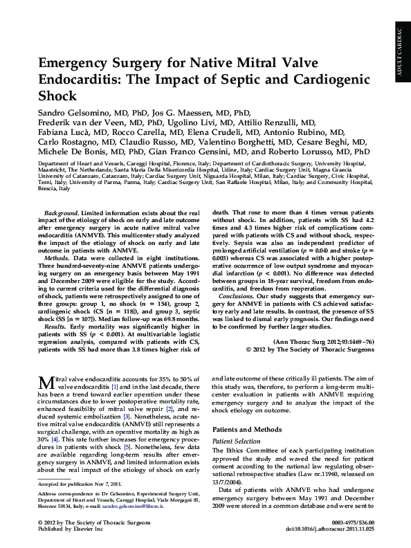 (PDF) Emergency Surgery for Native Mitral Valve Endocarditis: The ...