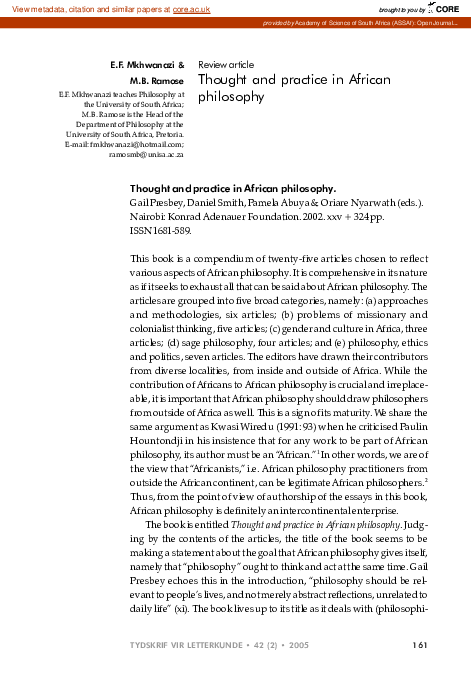 (PDF) Thought and practice in African philosophy