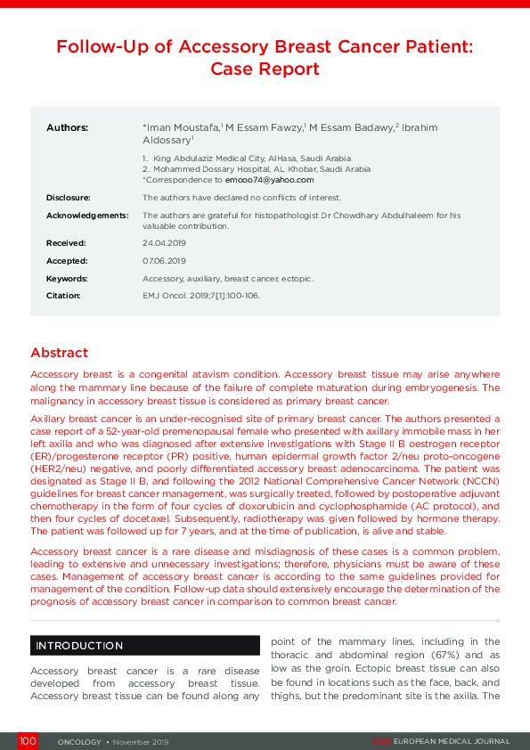 Follow-Up of Accessory Breast Cancer Patient: Case Report