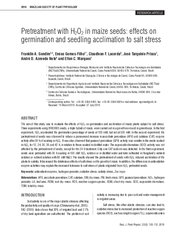 (PDF) Pretreatment with H2O2 in maize seeds: effects on germination and ...