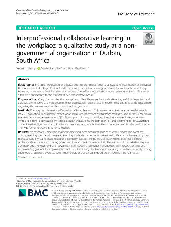 (PDF) Interprofessional collaborative learning in the workplace: a qualitative study at a non ...