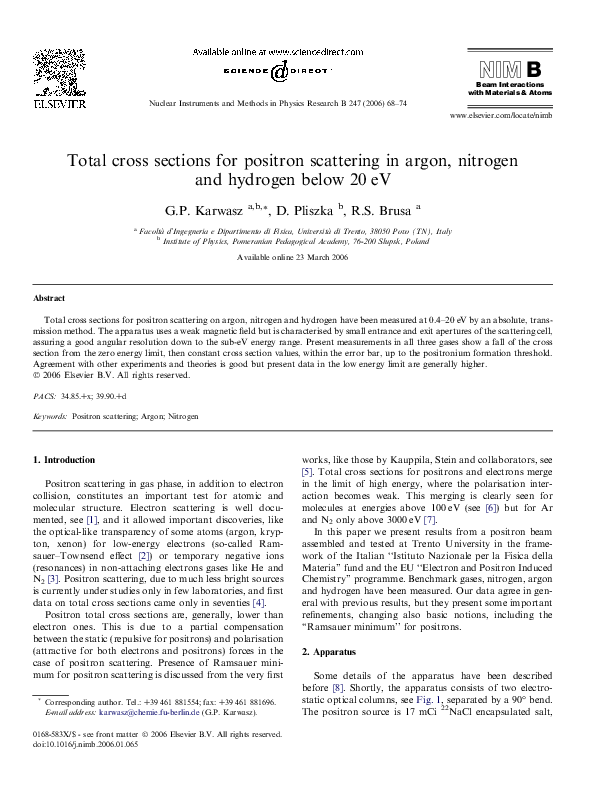 (PDF) Total cross sections for positron scattering in argon, nitrogen and hydrogen below 20eV