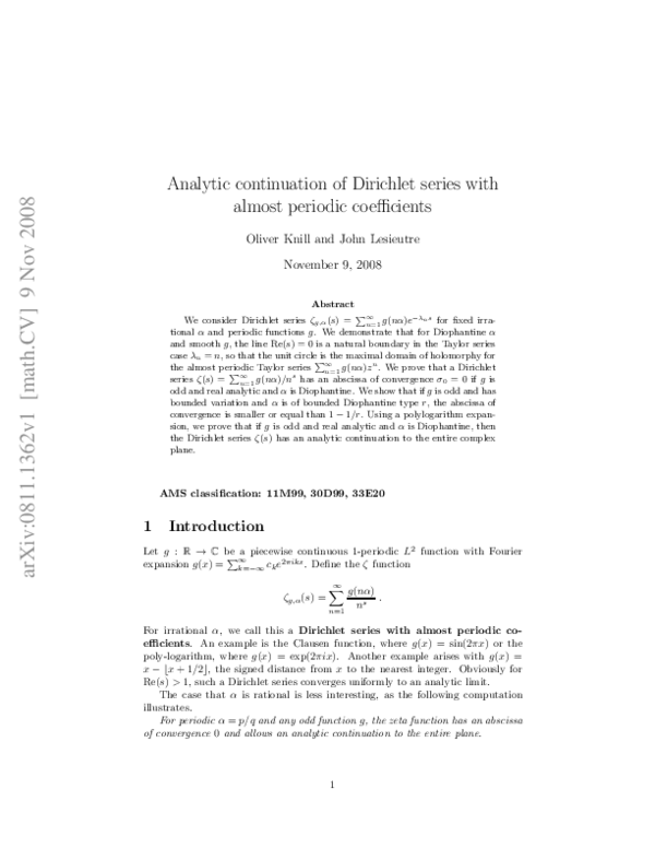 (PDF) Analytic Continuation of Dirichlet Series with Almost Periodic Coefficients