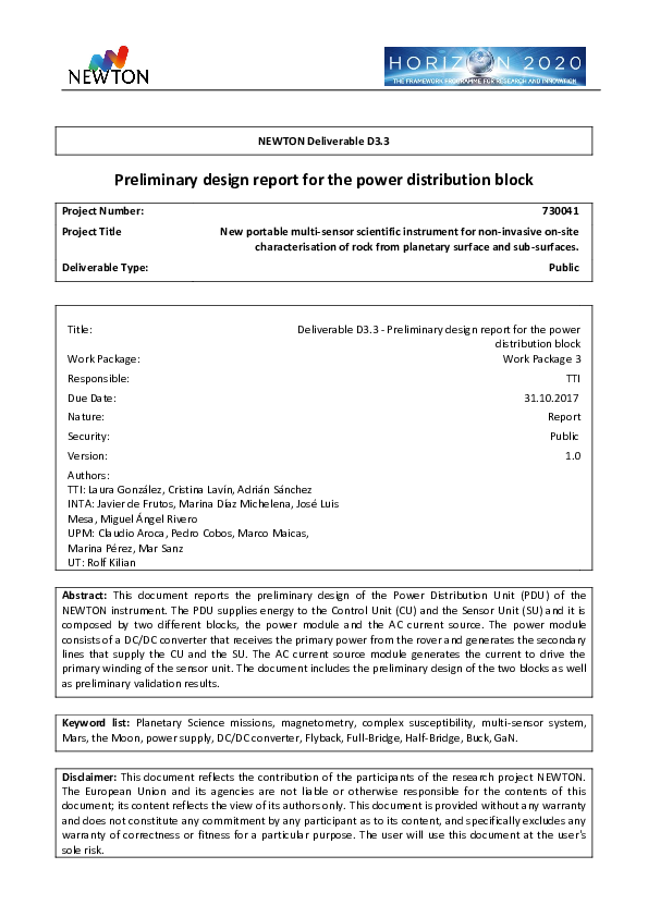(PDF) Preliminary design report for the power distribution block Project