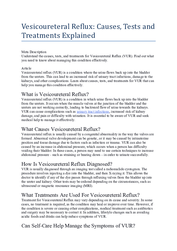 (DOC) Vesicoureteral Reflux: Causes, Tests and Treatments Explained
