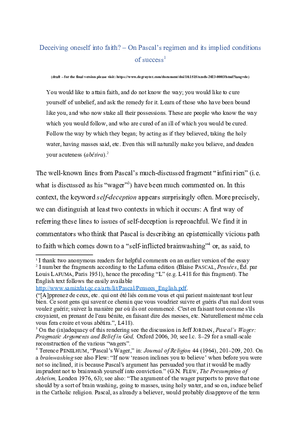 (DOC) Deceiving oneself into faith? On Pascal's regimen and its implied ...