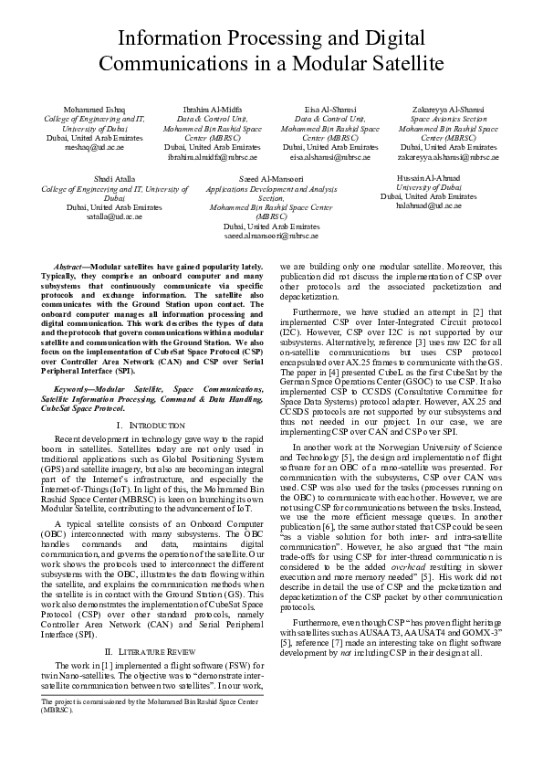 (PDF) Information Processing and Digital Communications in a Modular Satellite