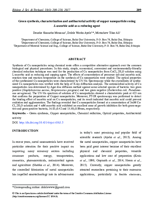 (PDF) Green synthesis, characterization and antibacterial activity of copper nanoparticles using ...