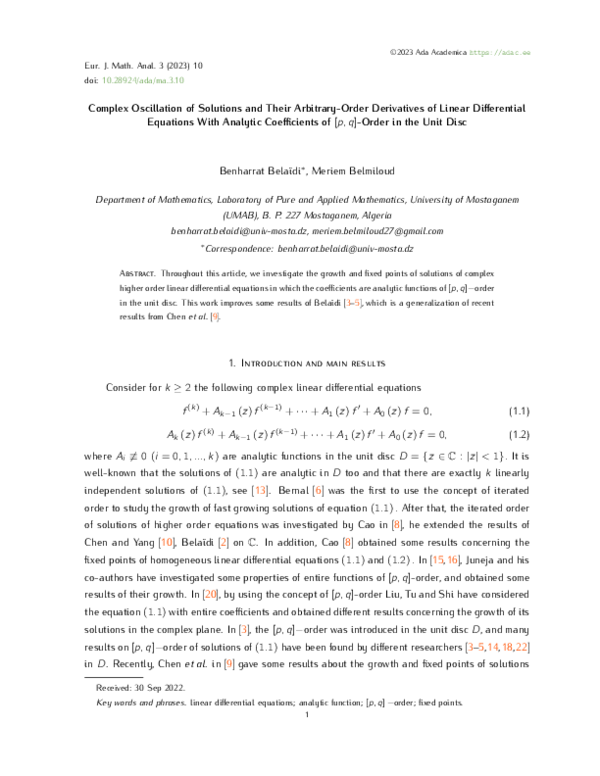 (PDF) Complex Oscillation of Solutions and Their Arbitrary-Order Derivatives of Linear ...