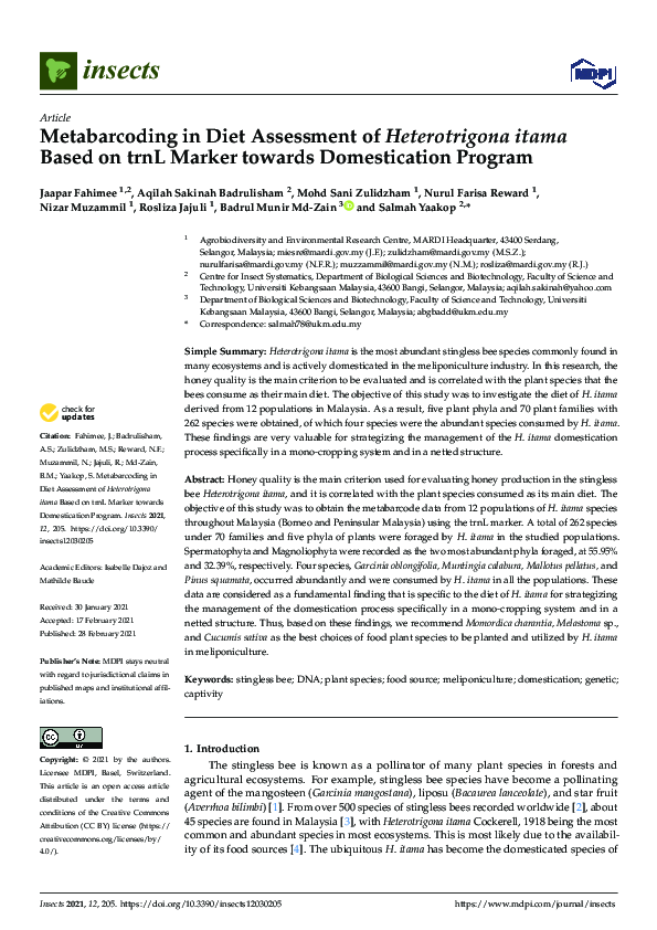(PDF) Metabarcoding in Diet Assessment of Heterotrigona itama Based on ...
