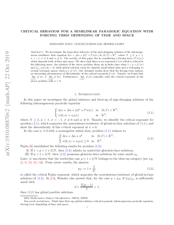 (PDF) Critical behavior for a semilinear parabolic equation with ...