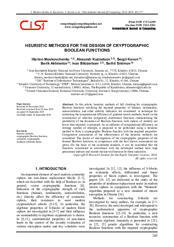 Pdf Heuristic Methods For The Design Of Cryptographic Boolean Functions
