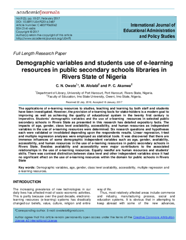 (PDF) Demographic variables and students use of e-learning resources in ...