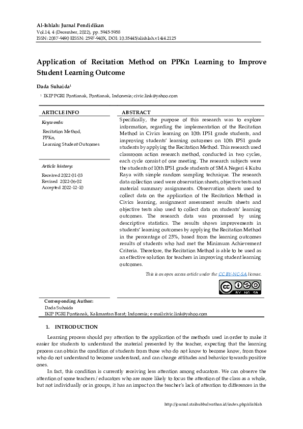 (PDF) Application of Recitation Method on PPKn Learning to Improve ...