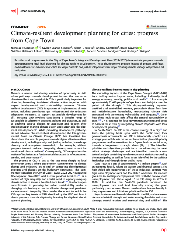 (PDF) Climate-resilient development planning for cities: progress from ...