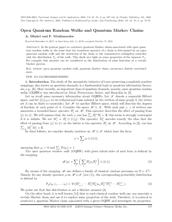 (PDF) Open Quantum Random Walks and Quantum Markov Chains