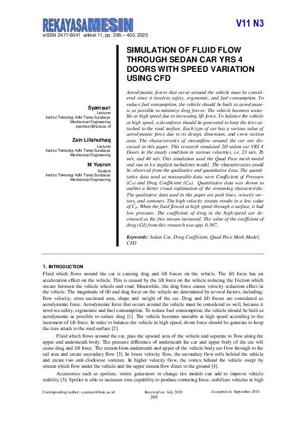 (PDF) Simulation of Fluid Flow Through Sedan Car YRS 4 Doors with Speed Variation using CFD