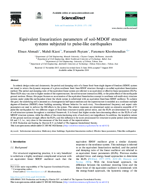 (PDF) Equivalent linearization parameters of soil-MDOF structure systems subjected to pulse-like ...